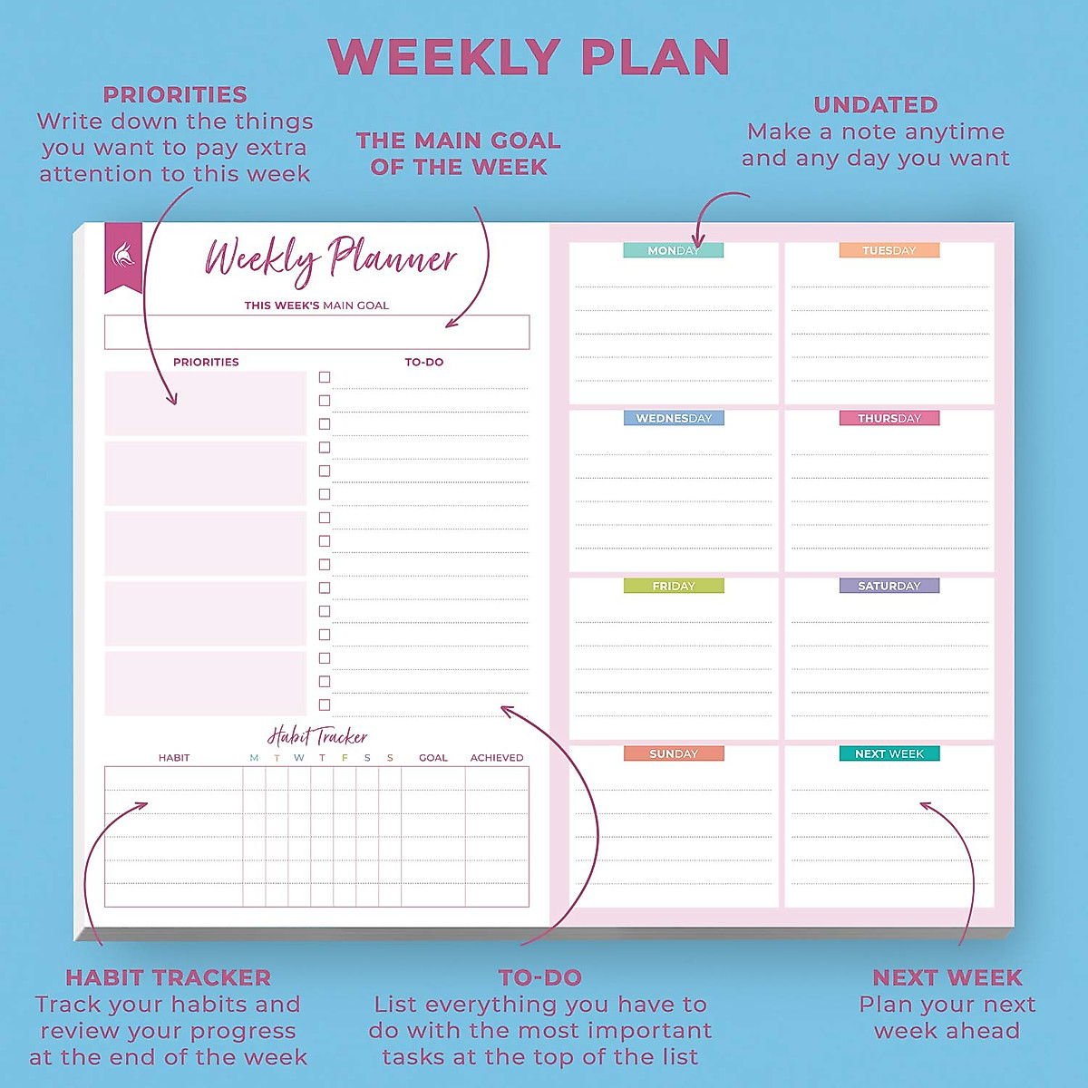 Clever Fox Weekly Desk Planner – Desktop Weekly To Do List Notepad & Planning Pad for Boosting Productivity, 50 Tear Off Weekly Journal Sheets, Size: 8.5" x 11" – Pink