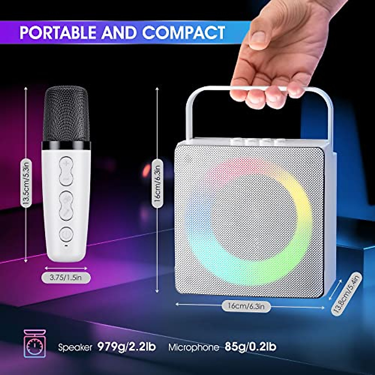 Sunkyn Karaoke Machine with 2 Wireless Microphones for Adults,Portable Bluetooth Speaker with Echo and Led Lights for Christmas Birthday Gift Home Party, Supports TF Card/USB/AUX(White)