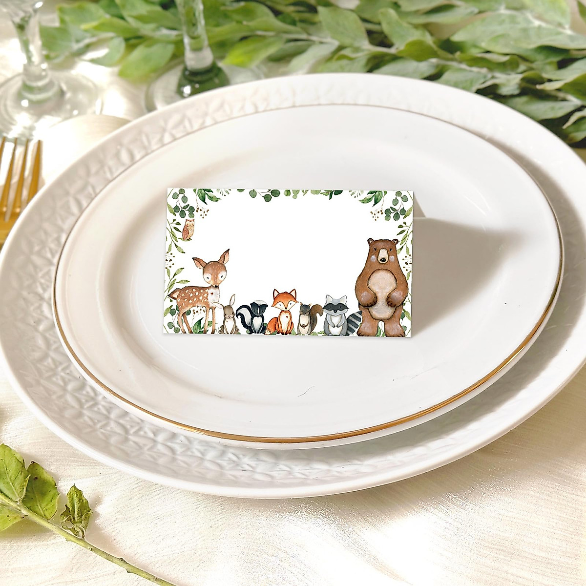 Whaline 100Pcs Woodland Animal Place Cards 2 x 3.5 Inch Watercolor Jungle Creature Tent Name Cards Safari Seat Assignment Labels for Birthday Baby Shower Party Table Setting Supplies