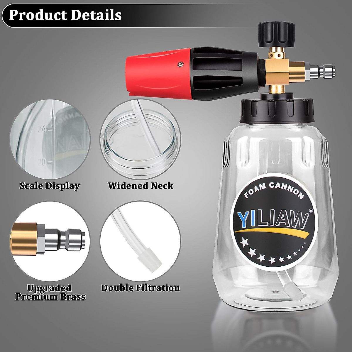 Yiliaw Snow Foam Cannon for Pressure Washer Big Mouth Power Washer Soap Foam Cannons with 1/4 Inch Quick Connector Adjustable Nozzle Car Wash Foam Blaster,4000PSI,1L