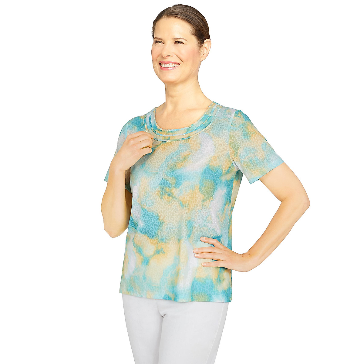 Alfred Dunner Womens Animal Tie Dye Burnout Top, Aqua/Lemon, S