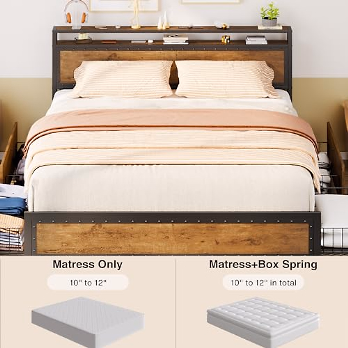 Gizoon Queen Bed Frame with Storage Headboard, 15 Iron Slats, Solid and Stable, Large Underbed Storage, No Box Spring Needed, Easy Assembly