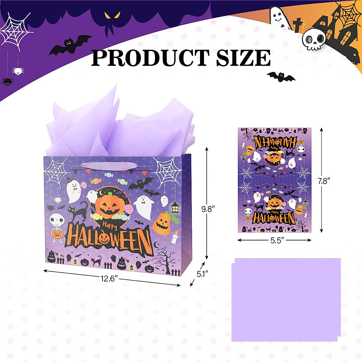Ranfashiong 13" Halloween Large Gift Bag with Card and Tissue Paper Pumpkin Design Trick or Treat Party - Purple yellow 2Pcs