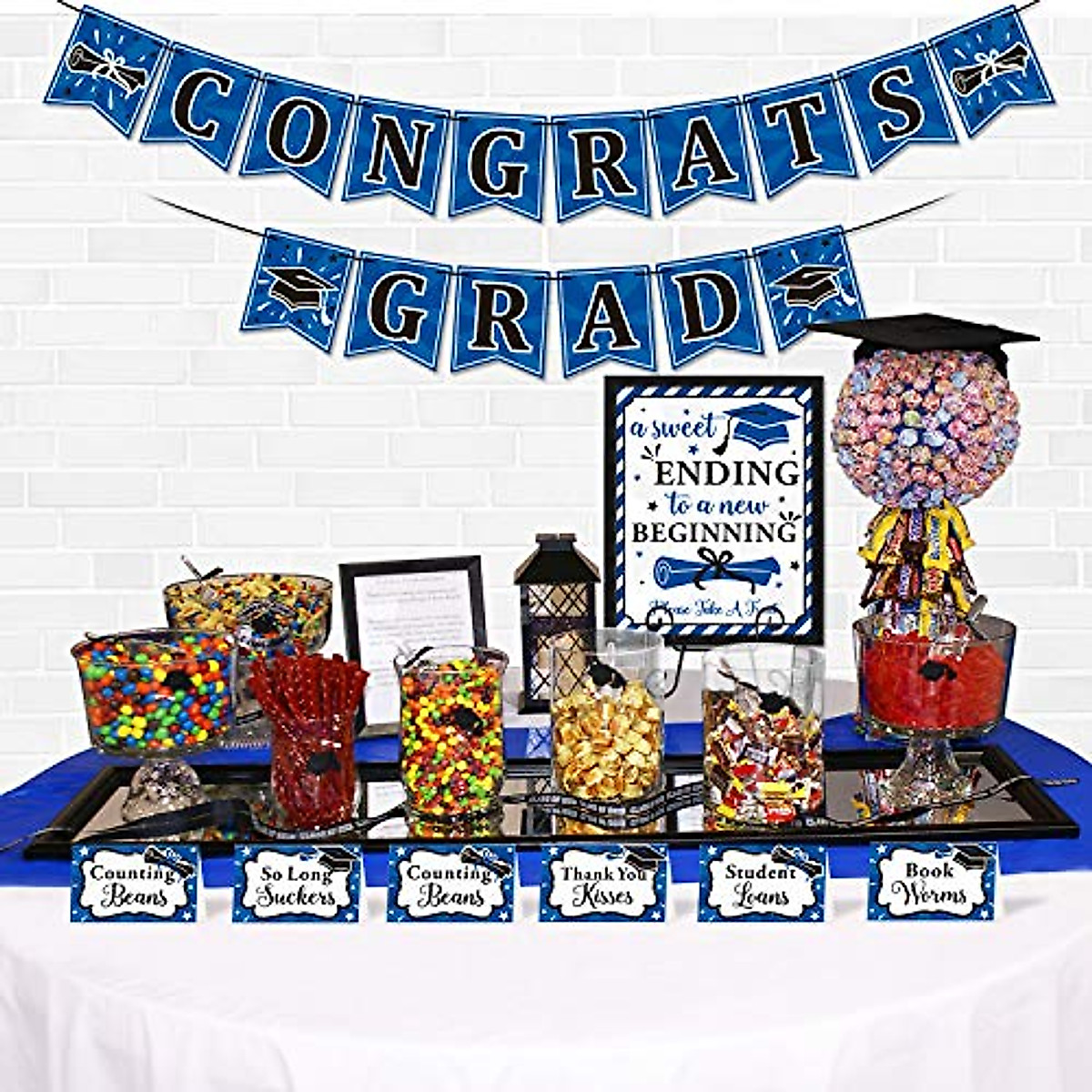 Yaaaaasss! 18pcs Graduation Candy Bar Dessert Buffet Decoration-A Sweet Ending to A New Beginning Sign Blue Congrats Grad Banner Food Labels Dessert Table Party Favor Ideas Supplies Navy Blue