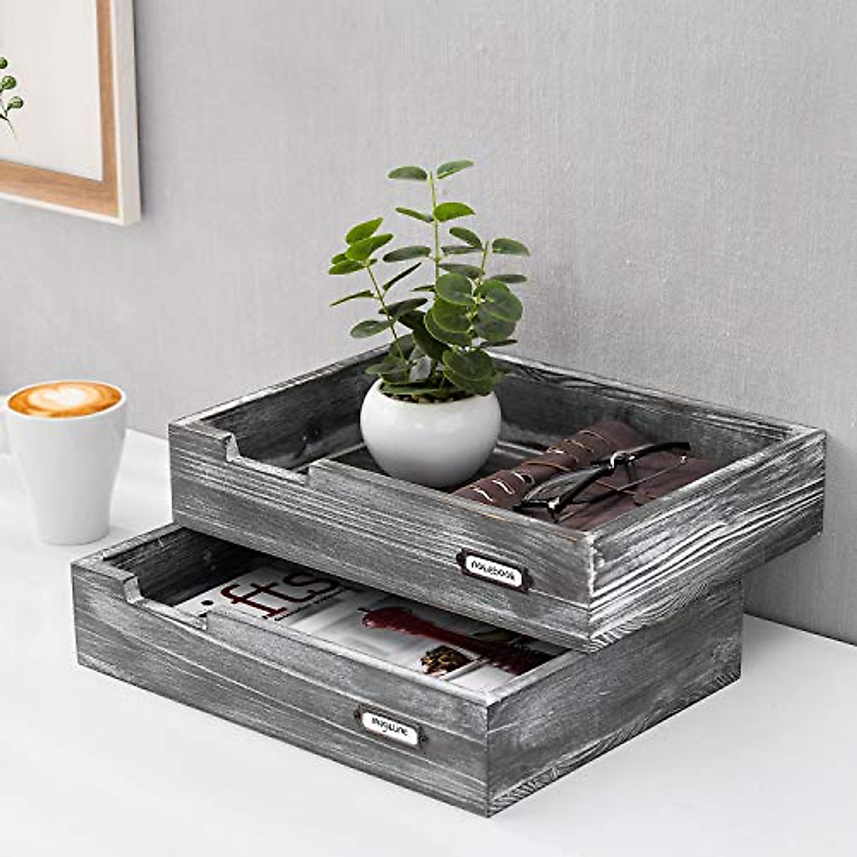 MyGift Ash Gray Wood Stackable Paper Tray Organizer for Desk, Document, File and Mail Holder with Metal Label Holder, Set of 2