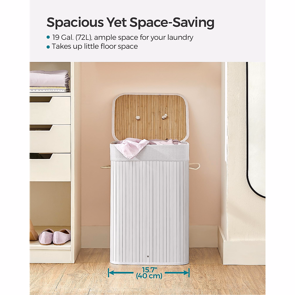 SONGMICS Foldable Laundry Hamper with Lid, 19 Gal. Bamboo Laundry Basket, Rectangular Storage Hamper with 3 Handles, 15.7 x 11.8 x 23.6 Inches, for Laundry Room, Bedroom, White ULCB010W01