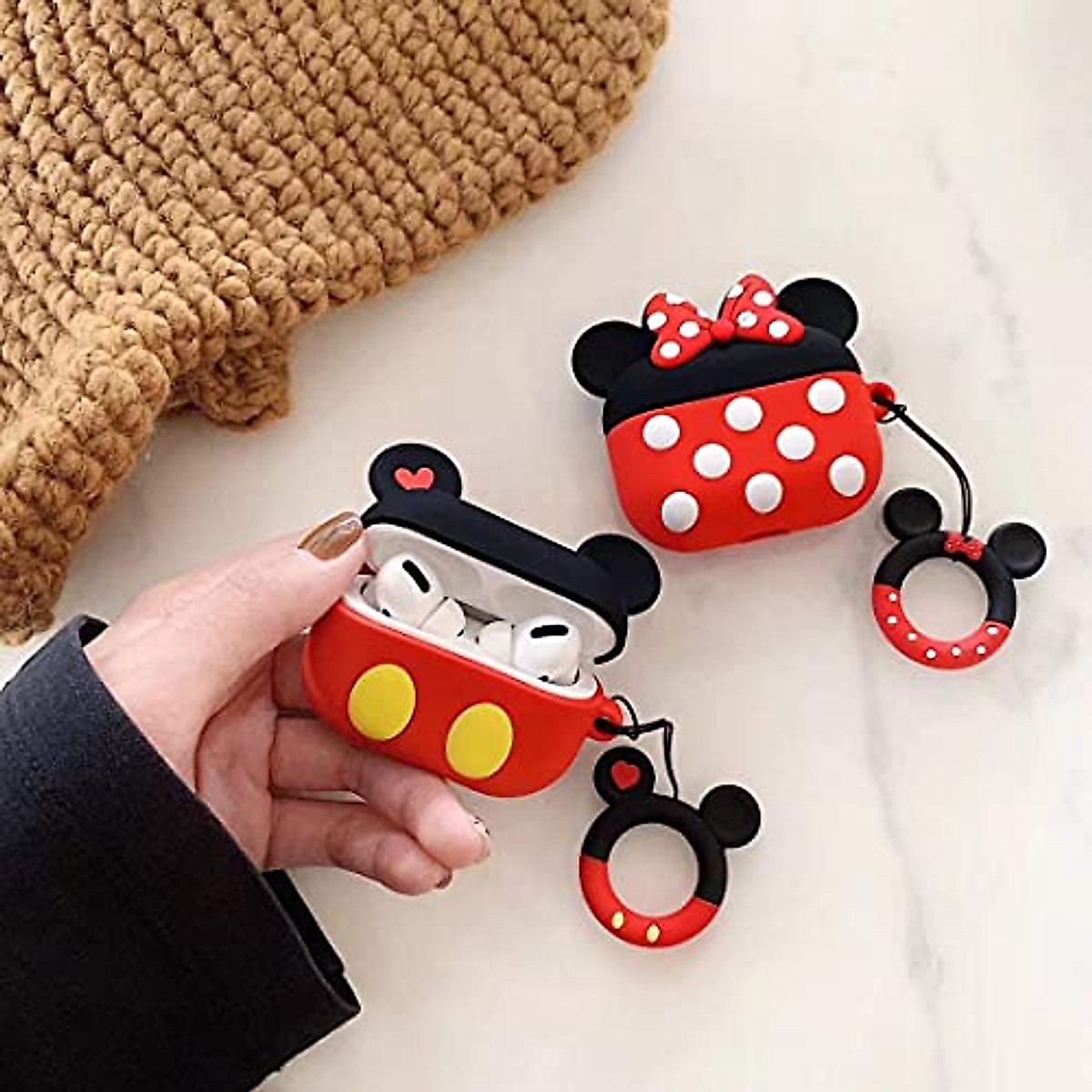 Compatible with Airpods Pro Minnie Mouse Mickey Cute 3D Cartoon Case,Kawaii Airpods Pro Silicone Cover for Girls Kids Teens Boys with Cartoon Pendant (Red)