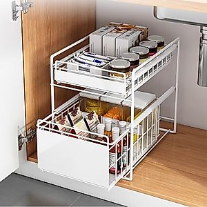 Under Sink Organizers And Storage, Metal Under Sink Organizer Sliding Under Sink Organizer 2 Tier Pull Out Cabinet Organizer (Color : White, Size : 22x40x39cm)