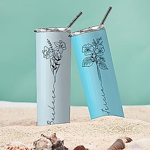 Birthday Gifts For Women, Personalized Skinny Tumblers with Birth Flower I 10 Colors - 20 Oz I Gifts for Women, BPA Free Tumbler Customized with Name