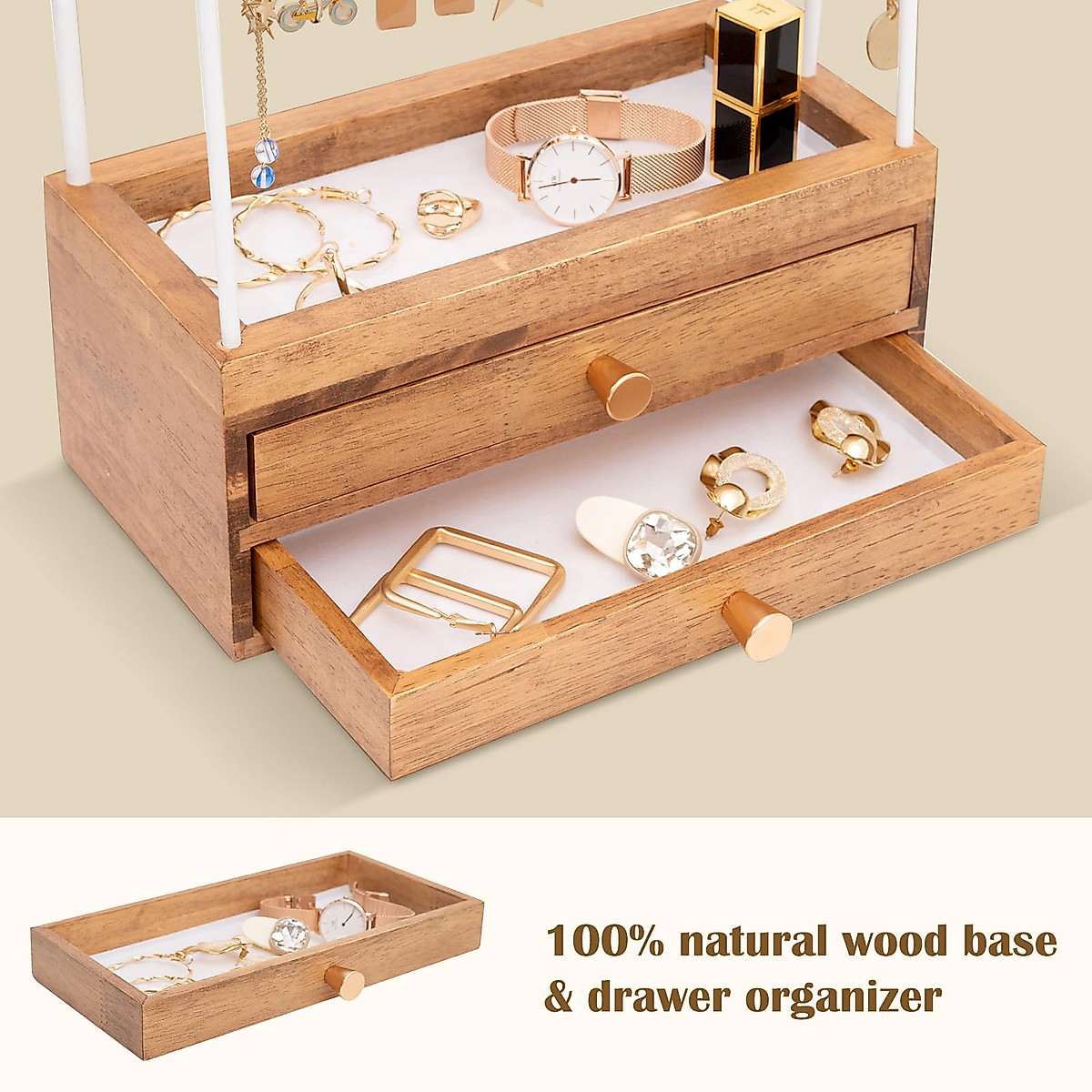 ProCase Jewelry Organizer Wooden Jewelry Box with 2 Drawers for Women Girls Mothers Day Gift, 5 Tiers Height Adjustable Jewelry Holder Organizer Necklace Stand Earring Storage Rack -White