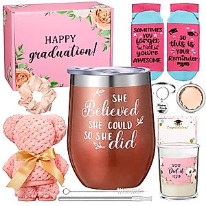 Teling Graduation Gifts for Her Graduation Gift Basket Set Includes Coffee Mug, Bracelet, Keychain, Candle, Towel, Socks, Scrunchie, Mirror Candle Card for Senior College Graduation Party (Pink)