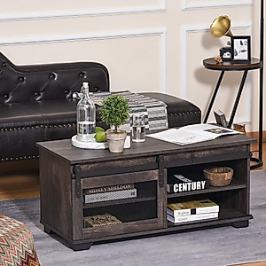 HOMCOM Farmhouse Coffee Table with Storage, Sliding Mesh Barn Door, Industrial Cocktail Table with Adjustable Shelves for Living Room, Dark Brown