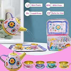 Hummigoo Tea Set for Little Girls, Pretend Tea Party Set for Kids Age 3 4 5 6 7 8 9, Kids Kitchen Pretend Play Tin Tea Set with Carrying Case and Food Dessert Playset for Girls Princess Boys