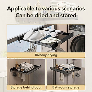 CHAHUANV Retractable Drying Rack with Net,Laundry Drying Rack for Shoes,Socks,Underwear,Wall Mouted Drying Rack with Hooks,Folding,Collapsible Hanger Rack, Gray