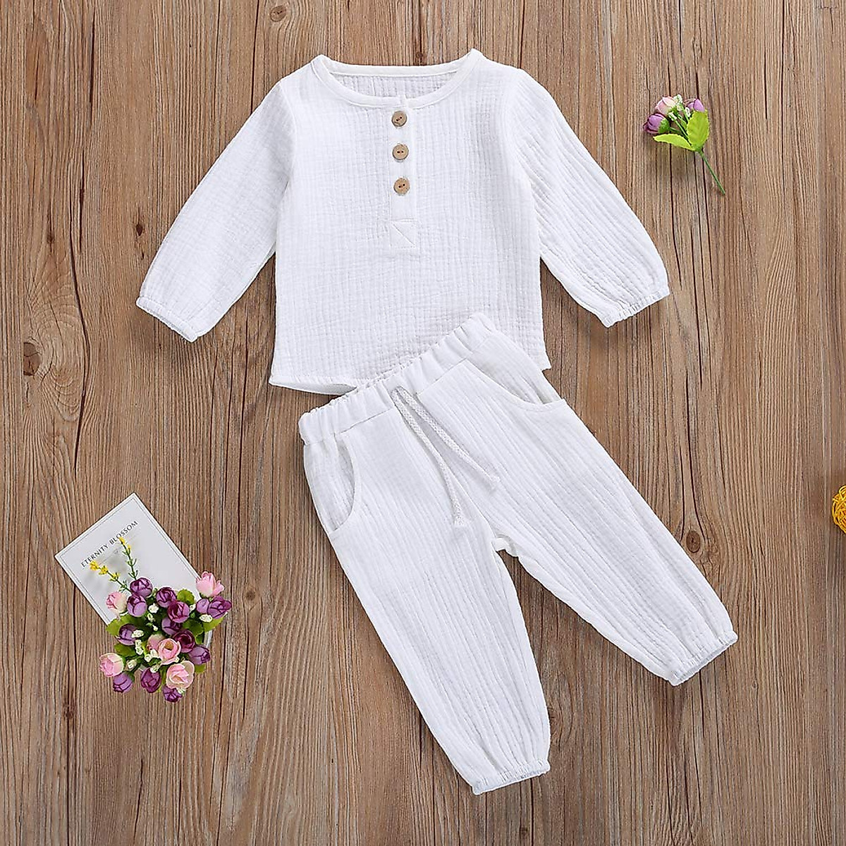 Toddler Baby Boy Girl Cotton Linen Pants Set Solid Long Sleeve T Shirt Top Drawstring Elastic Waist Pants Outfit (A-White, 12-24M)