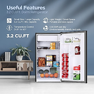 Compact Fridge 3.2 CU.FT. Mini Dorm Refrigerator Small Fridge with Freezer, 37 dB Low Noise, Adjustable Temperature, Reversible Door, for Home Office Dorm or RV (Black)