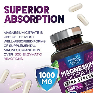Magnesium Citrate Capsules 1000mg - Max Absorption Magnesium Powder for Muscle, Nerve, Bone and Heart Health Support, High Absorption Citrate Complex, Gluten Free, Non-GMO - 120 Capsules