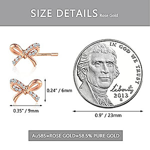 Solid 14K Rose Gold Bow Stud Earrings for Women Minimalist Delicate AAAAA CZ Small Studs Earrings Jewelry