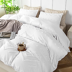 Sophia & William Boho Duvet Cover Set, 3 Pieces Tufted Comforter Set for All Season, Textured Duvet Cover and 2 Pcs Pillowcases, White, Queen Size
