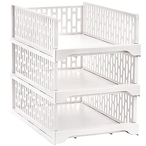 AVLA 3 Pack Stackable Plastic Storage Basket, Foldable Closet Organizers Wardrobe Storage Bins, Storage Container for Cupboard, Bedroom, Bathroom, Kitchen, Office, 17 x 11 x 6.5 Inches