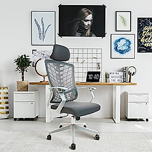 CLATINA Ergonomic High Swivel Executive Chair with Adjustable Height Fabric Headrest Lumbar Support and Mesh Backrest for Home Office, Grey 1 Pack