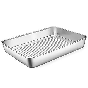 12.4 Inch Deep Rectangular Cake Pan, P&P CHEF Stainless Steel Baking Pan Lasagna Pan for Toaster Oven, Perfect to Bake Cookie Cake Meat, Corrugated Bottom & Heavy Duty, Non-Toxic & Dishwasher Safe