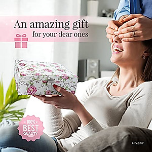 Jewelry Organizer Box - Women Two Layer Display Storage Case Large PU Leather Jewelry Holder with Lock for Earring Ring Necklace Bracelet, Beige White (Floral White)