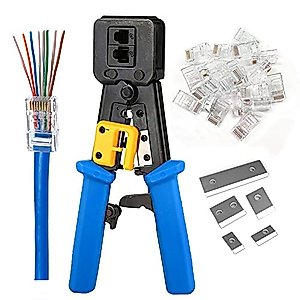 RJ45 Crimping Tool Ethernet Crimper for Cat6 Cat5 Cat5e RJ45 Pass Through Connectors and RJ12 Ends Comes with 20PCS RJ45 Cat6 Connectors and Replacement Blade