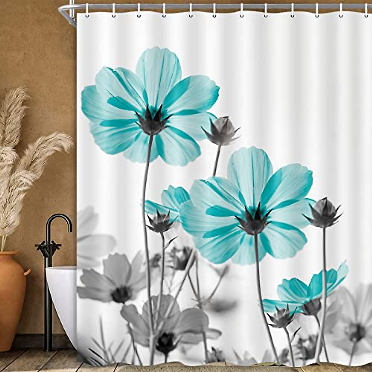 Unique Floral Shower Curtain for Bathroom Decor, Teal and Gray Daisy Flower Elegant Wildflower Design Farmhouse Bathroom Sets with Shower Curtain and Toilet Pad Cover Bath Mat Rugs Set