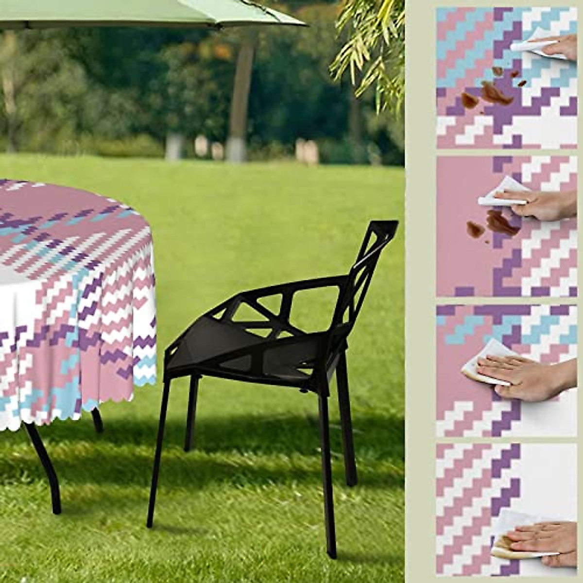 Checkered Pattern Round Outdoor Tablecloth,Round Tablecloth with Umbrella Hole and Zipper for Patio Garden,Waterproof Spill-Proof,for Backyard Party BBQ Decor(72" Round,Pale Blue Purple Lilac)