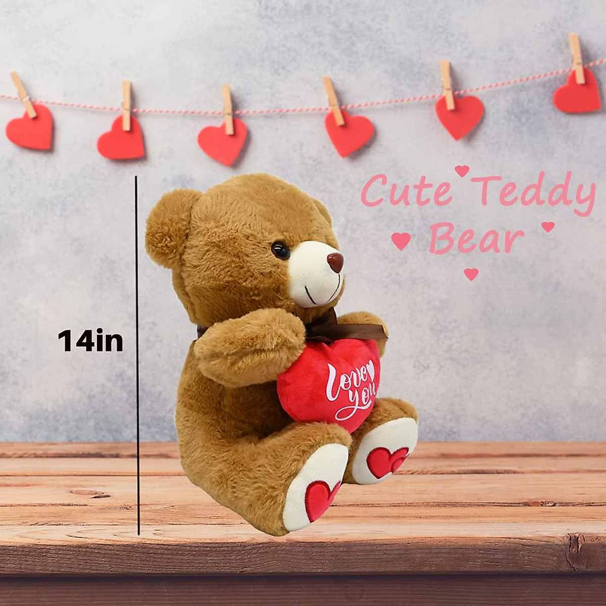 Love You! 14 Inches Valentines Day Plush Teddy Bear with Red Heart, Cute Brown Teddy Bear Stuffed Animal Toys, Valentines Day Anniversary Birthday Gift for Kids Boys Girls Couple Boyfriend Girlfriend