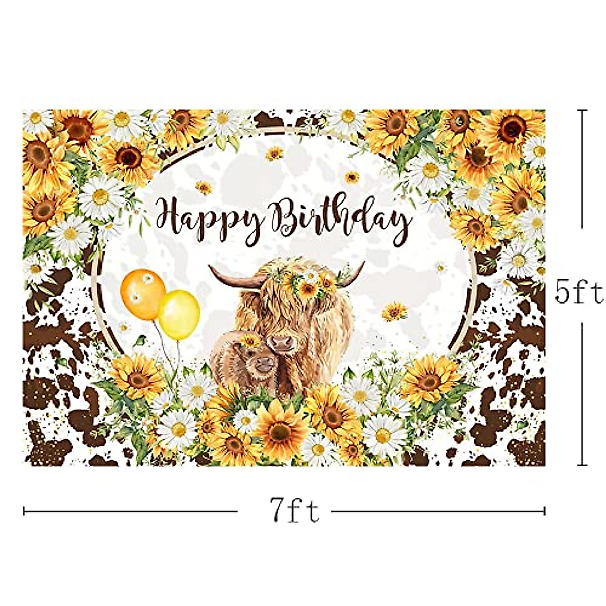 MEHOFOND 7x5ft Highland Cows Floral Birthday Backdrop Brown Cattles Happy Birthday Party Decorations Sunflowers Farm Cow Photography Background for Girls Cake Table Banner Supplies