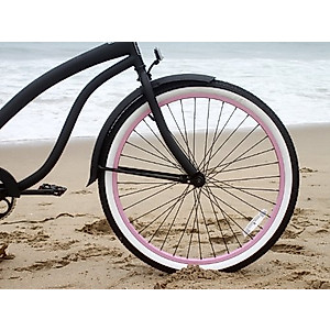 Firmstrong Bella Fashionista Women's Beach Cruiser Bicycle, Single Speed Bicycle, 26 Inch Wheels, Matte Black with Pink Rims