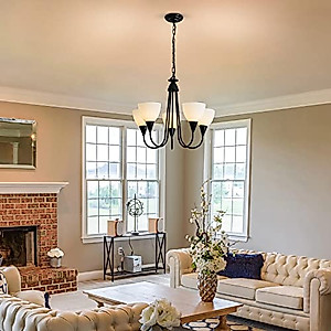 HuisMier 5 Light Contemporary Chandeliers with Alabaster Glass Shade, Modern Black Dining Room Chandelier Mid Century Hanging Pendant Lighting Fixtures for Living Room Foyer Bedroom