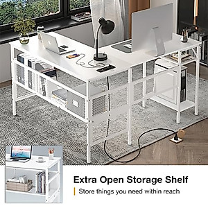 Mr IRONSTONE L Shaped Desk with Power Outlet, Computer Desk with Storage Shelves, Gaming Desk with USB Charging Port, Home Office Corner Desk, L-Shaped Office Desk for Studying/Writing/Gaming - White