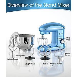 Facelle Electric Stand Mixer, 660W 6 Speed Kitchen Mixer with Pulse Button, Attachments include 6.5 Quart Bowl, Dishwasher Safe Flat Beater, Dough Hook, Wire Whisk & Splash Guard, for Dough, Baking,Cakes,Cookie, Blue