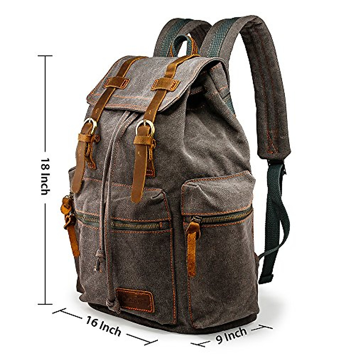 GEARONIC 21L Vintage Canvas Backpack for Men Women Leather Rucksack Knapsack 15 inch Laptop Tote Satchel College Military Army Shoulder Rucksack Hiking Bag-Gray