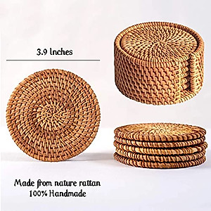 Rattan Coasters, Handmade Teacup Coasters, Creative Gift for Kitchen Table Drinks Crafts Round Natural Coasters Coasters Set of 6 with Holder (3.94in)
