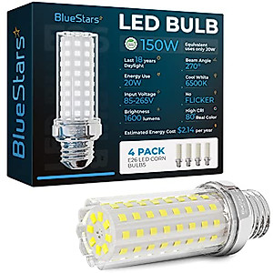 BlueStars [2023 Updated 4 Packs E26/E27 LED Corn Light Bulbs 20W - 150W Equivalent 6500K Cool Daylight White 1600 lumens Non-dimmable for Home Garage Indoor Ceiling Fan and Chandelier