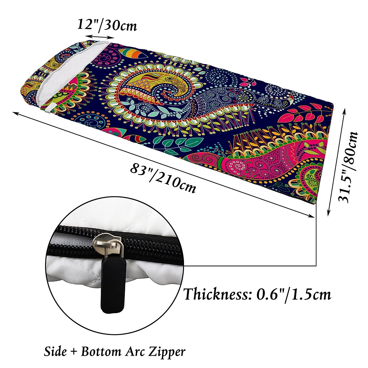 Folding Sleeping Bag Sleep Bag Cover Mat Hippie Indian Colorful Heart Mandala for Travel Camping Hiking Women Men Adult 3 Seasons