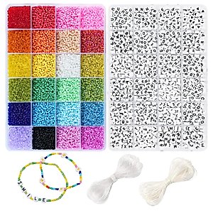 DICOBD 21600pcs 2mm 12/0 Glass Seed Beads Craft Beads Kit and 1200pcs Letter Alphabet Beads for Friendship Bracelets Jewelry Making Necklaces and Key Chains with 2 Rolls of Cord