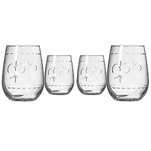 Rolf Glass Fleur De Lis Stemless Wine Tumbler 17 ounce - Stemless Wine Glasses - Lead-Free Glass - Etched Tumbler Glasses - Proudly Made in the USA (Set of 4)