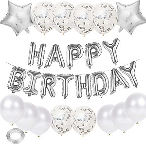 Birthday Party Decorations, Silver Set 15pcs - Happy Birthday Banner, Heart Star Balloons, Foil Confetti Balloons, 16th 18th 21th 30th 40th 50th 60th 70th Birthday Decorations Supplies (Silver)