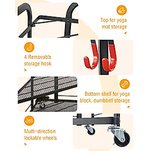 PLKOW Yoga Mat Storage Rack, Home Gym Storage Rack for Yoga Mat, Foam Roller, Resistance Bands, Yoga Block and Dumbbells, Rolling Workout Storage Rack with Wheels and Hooks, Powder Coated Finish Steel