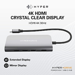 HyperDrive USB C Hub - 9-in-1 USB Hub 4K HDMI, Ethernet, 3.0 USB-A, USB C Power Delivery, MicroSD/SD, Audio Jack - Compatible with iPad Pro, MacBook, Chromebook, Windows - Space Gray