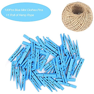 100 pcs Mini 25mm Natural Wooden Clips Photo Clips Clothespin DIY Wedding Party Wooden Clip Clips Pegs with 98 FT Jute Twine String(Blue)