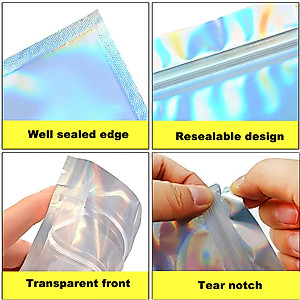Resealable Smell Proof Bags Foil Pouch Mylar Ziplock Food Storage Bags with Clear Window Packaging Pouch for Food Storage Gift Package Supplies (100-pack,Holographic Color, 4.7 x 7.9 Inches)