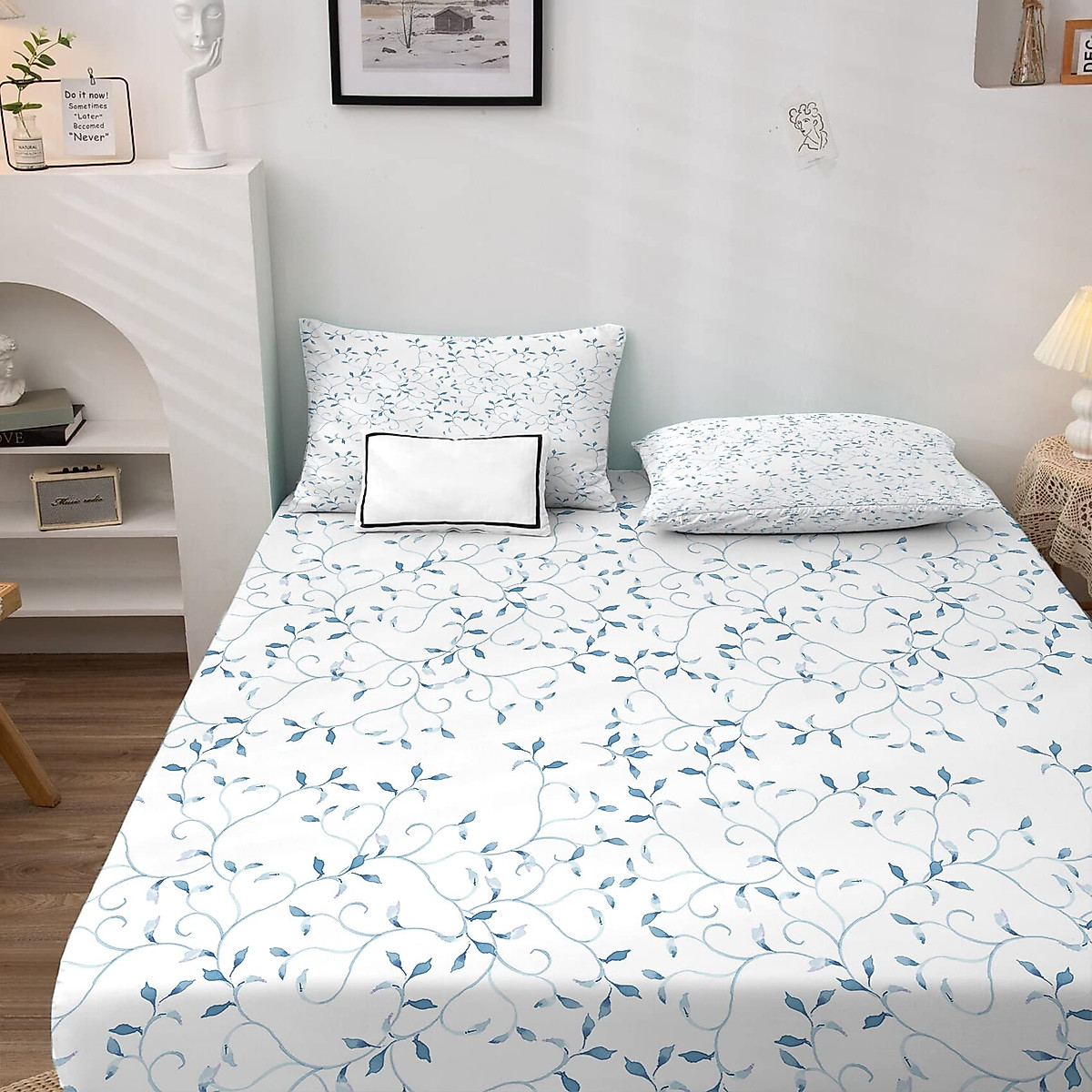 Plant Sheets Full Size, Leaves Botanical Bed Sheets, Patterned Bedding Sheets & Pillowcases 4 Piece Set - Soft Microfiber Deep Pocket Fitted Sheet & Flat Sheet & 2 Pillow Cases S3-&-11