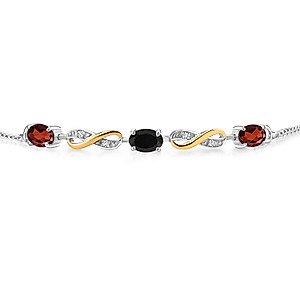 Gem Stone King 925 Sterling Silver and 10K Yellow Gold Red Garnet Black Onyx and White Lab Grown Diamond Adjustable Infinity Bracelet For Women | 1.57 Cttw | Fully Adjustable Up to 9 Inch