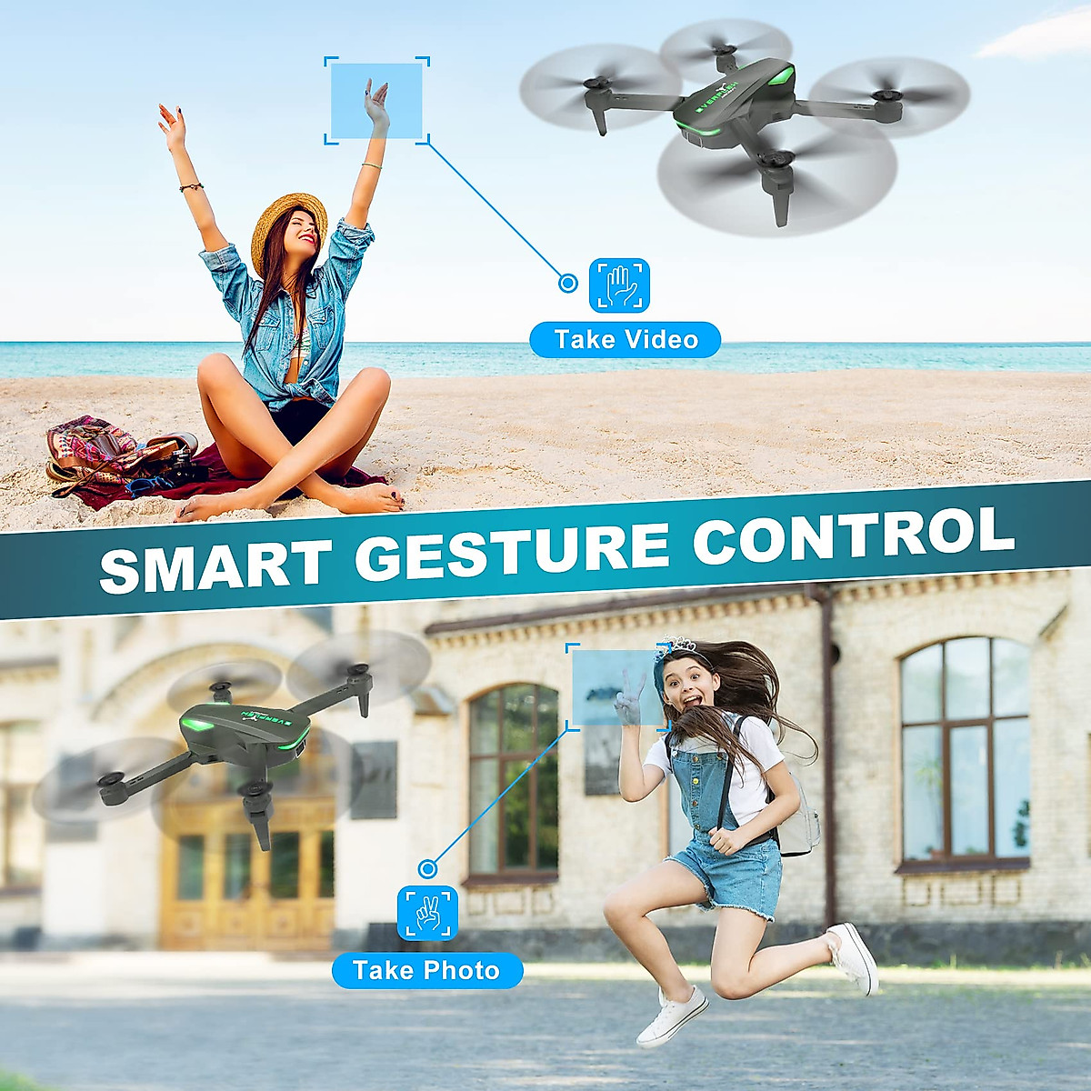 Hiturbo Drone with 1080P Camera for Adults & Kids, Foldable FPV Remote Control Quadcopter Voice Control, Gestures Selfie, Altitude Hold, One Key Start, 3D Flips, 2 Batteries, Green Black